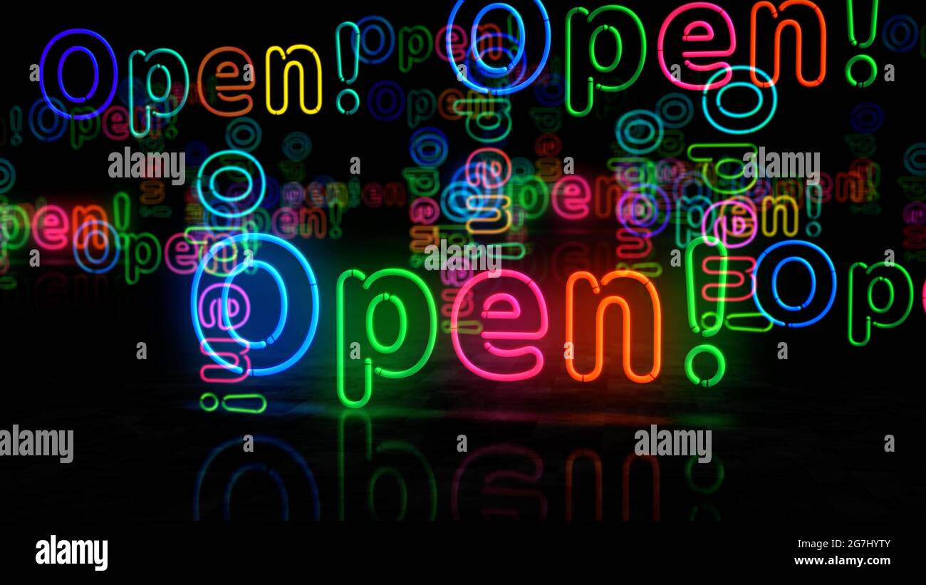 Open neon symbol. Light color bulbs. Abstract concept 3d illustration ...