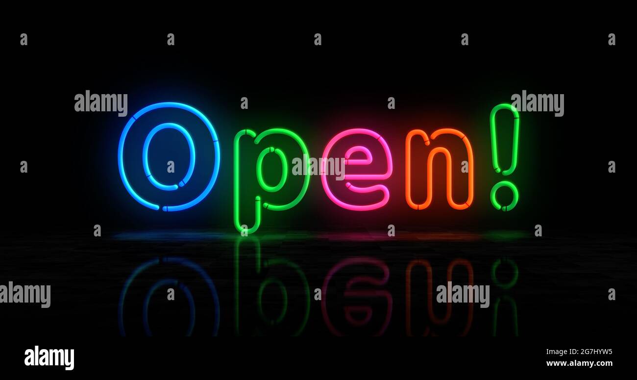 Open neon symbol. Light color bulbs. Abstract concept 3d illustration ...