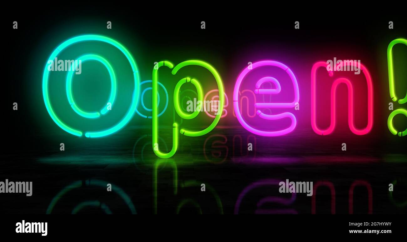 Open neon symbol. Light color bulbs. Abstract concept 3d illustration ...