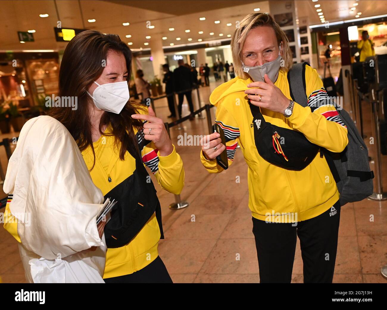 Belgian gymnast Nina Derwael and Belgian gymnastic coach Marjorie Heuls ...