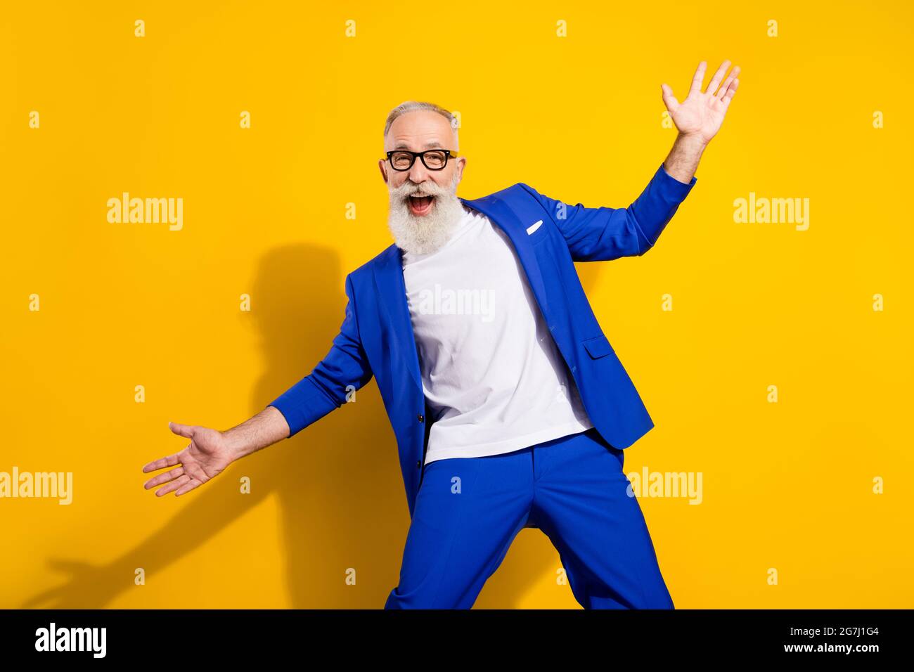 Photo of funny grey beard old man wear spectacles blue jacket isolated ...