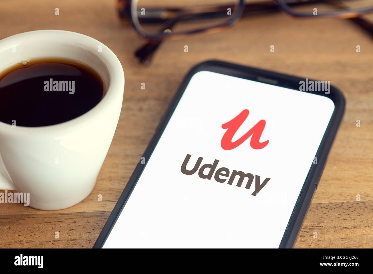 Galicia, Spain; february 15, 2021: Udemy logo on Smart phone screen on ...