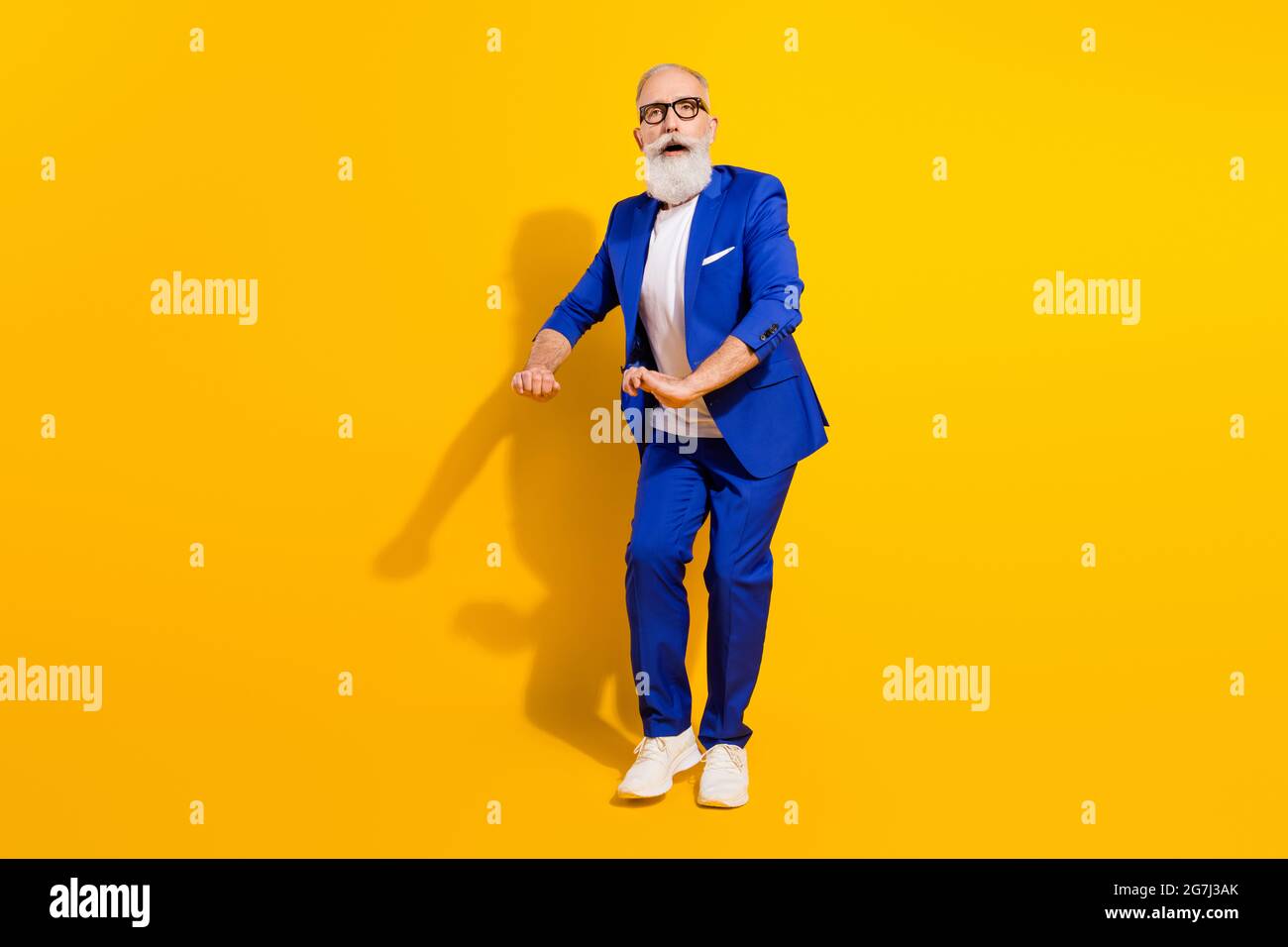 Full length body size view of attractive funny man dancing having fun ...