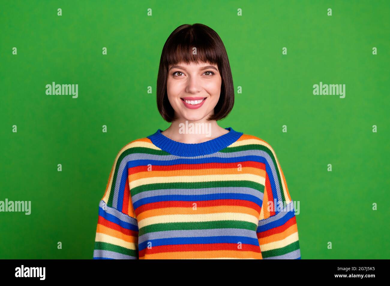 Photo of positive cheerful cute nice young woman smile face good mood ...