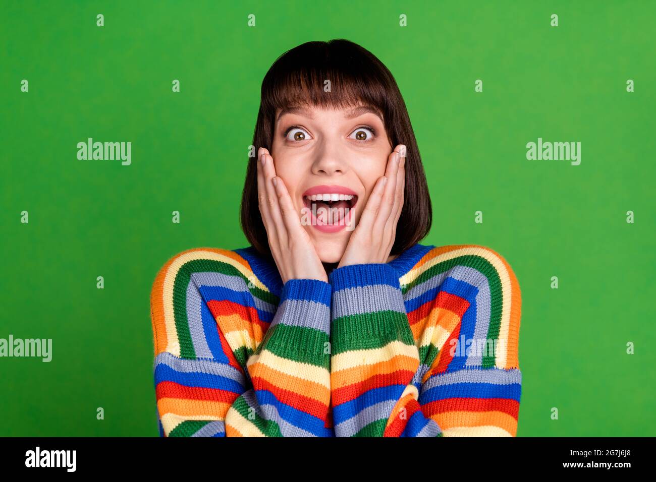 Photo of cheerful young shocked woman hold hands face cheeks sale ...