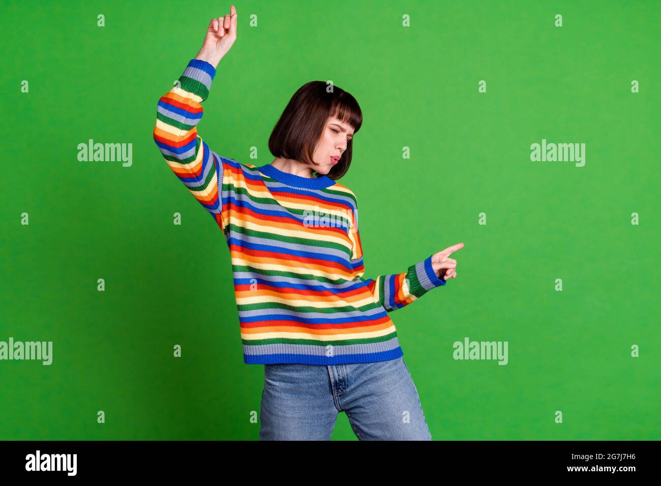 Photo of cheerful nice positive young woman dance point finger funky ...