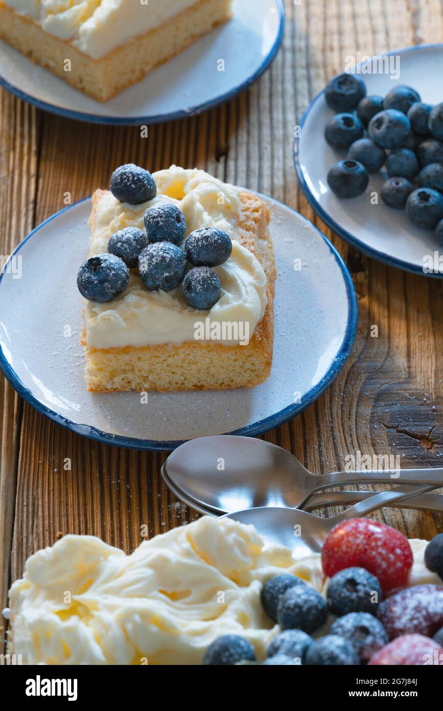 Sponge cake with fresh summer berries and cream top view, sliced Stock ...
