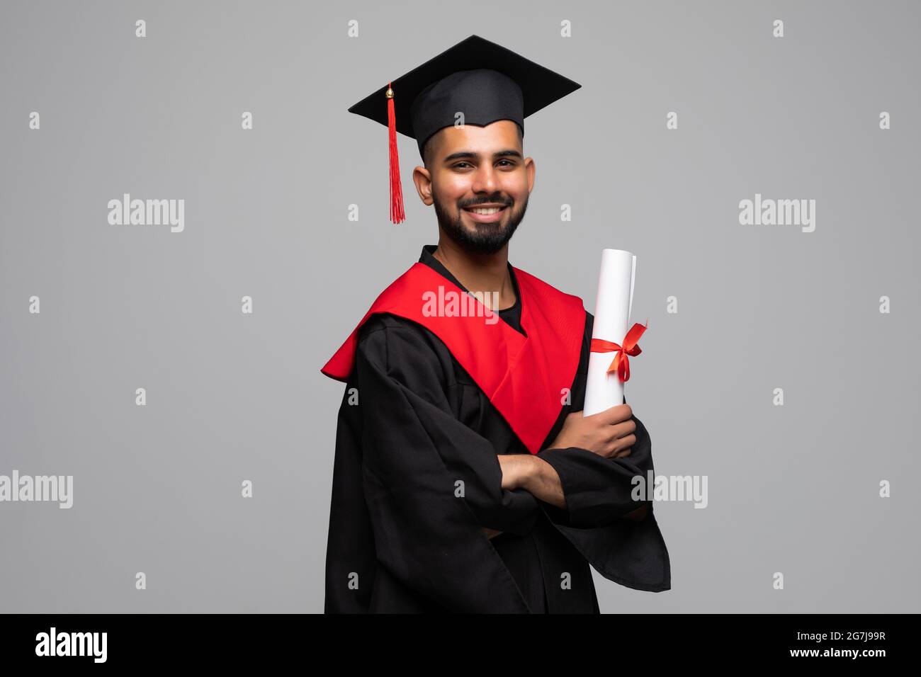 Young indian Graduation Man Holding Certificate Isolated On Grey ...
