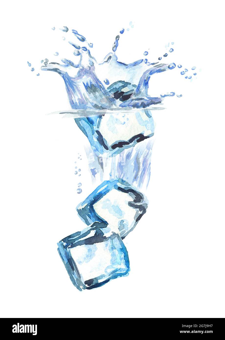 Ice cubes falling into water isolated on white background Stock Photo - Alamy