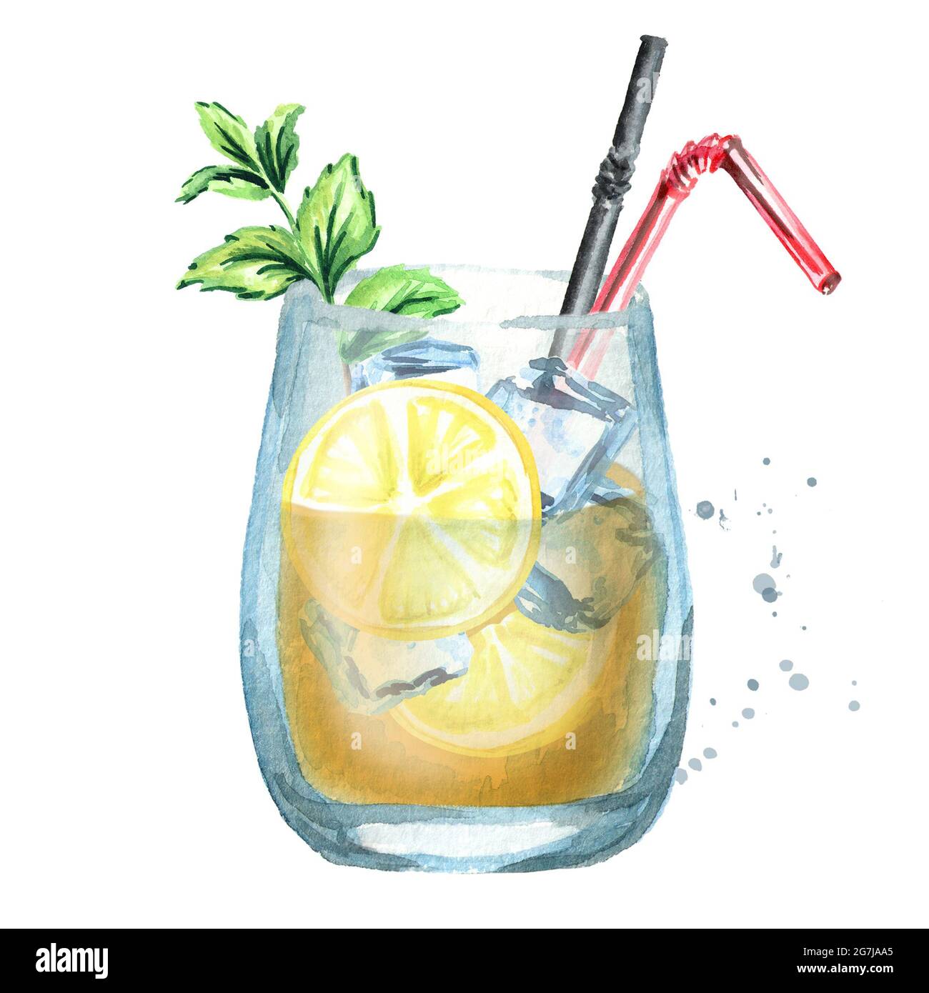 Glass of lemon ice tea. Watercolor hand drawn illustration Stock Photo ...