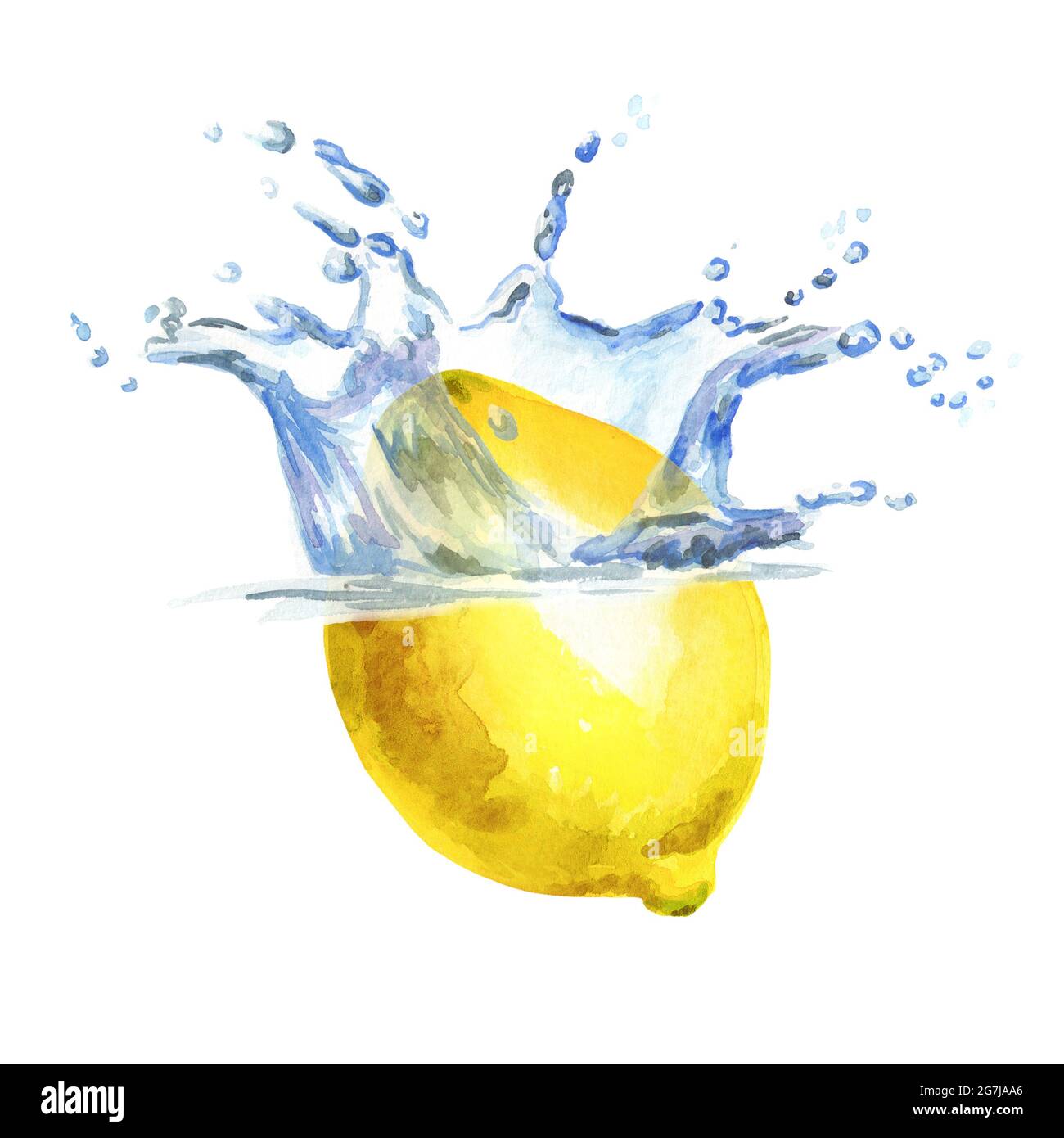 Fresh lemon falling into water isolated on white background. Watercolor ...