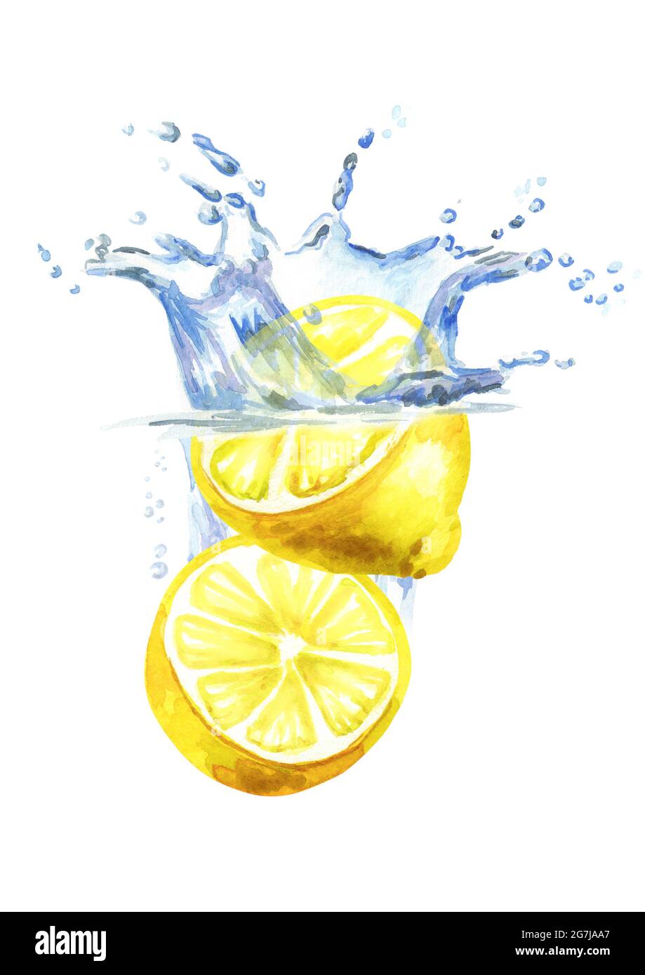 Fresh lemons falling into water isolated on white background ...
