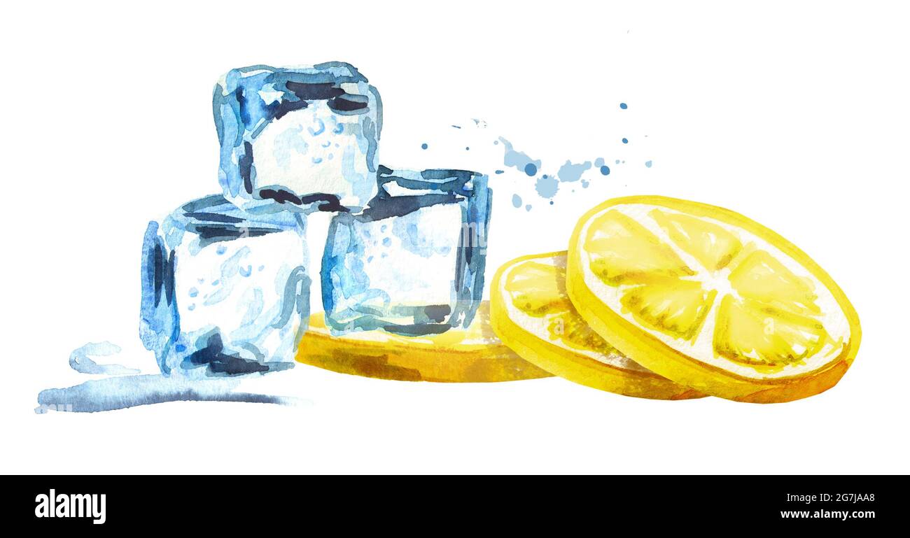 Ice cubes and lemon isolated on white background. Watercolor hand drawn ...