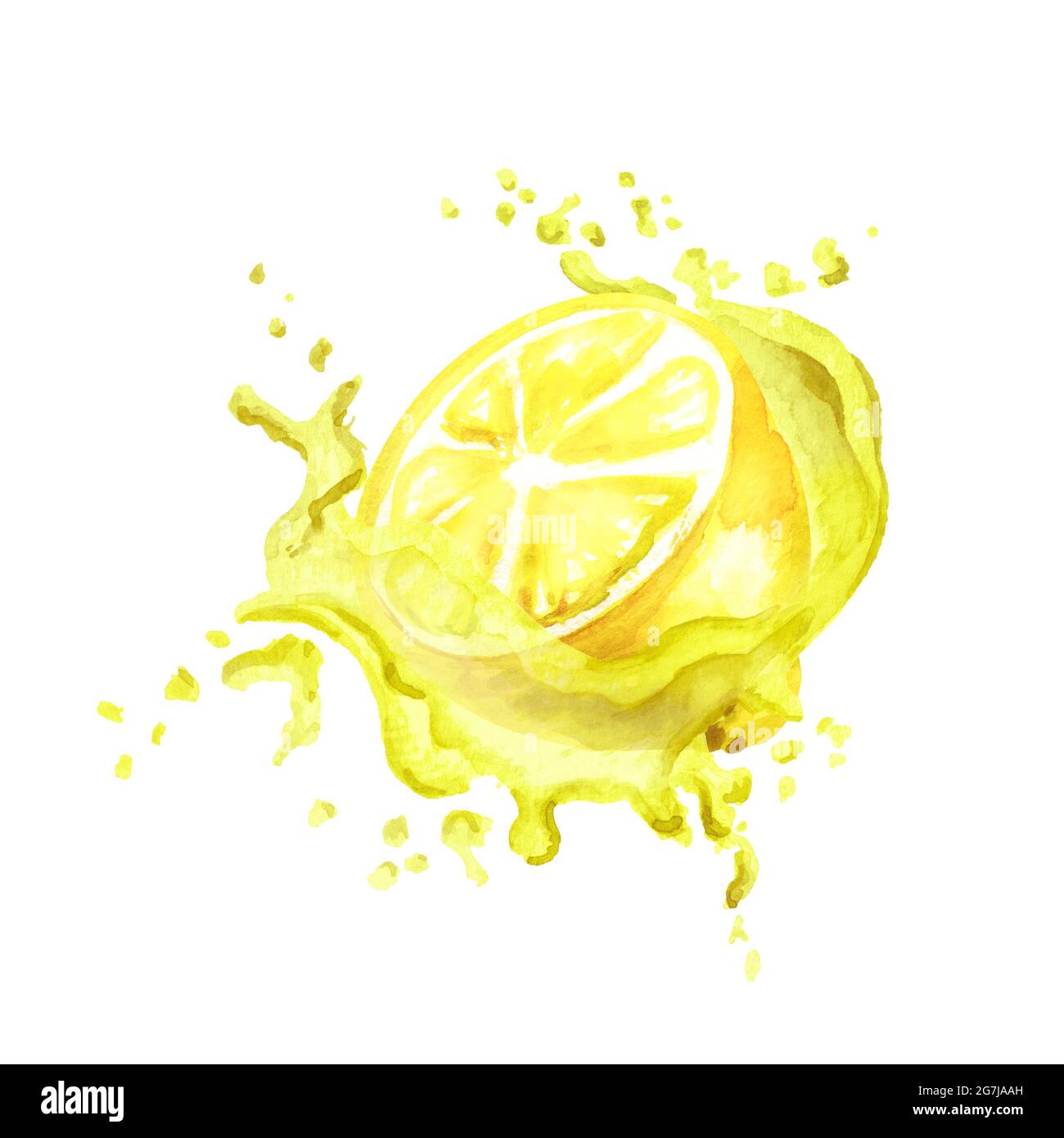 Fresh lemon in juice splash isolated on white background. Watercolor ...