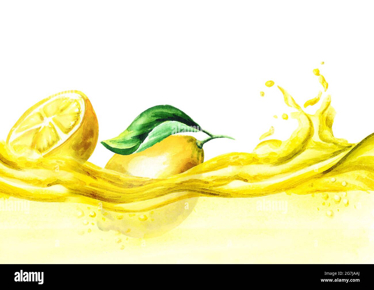 Fresh lemons on a wave of lemonade, watercolor hand drawn illustration ...