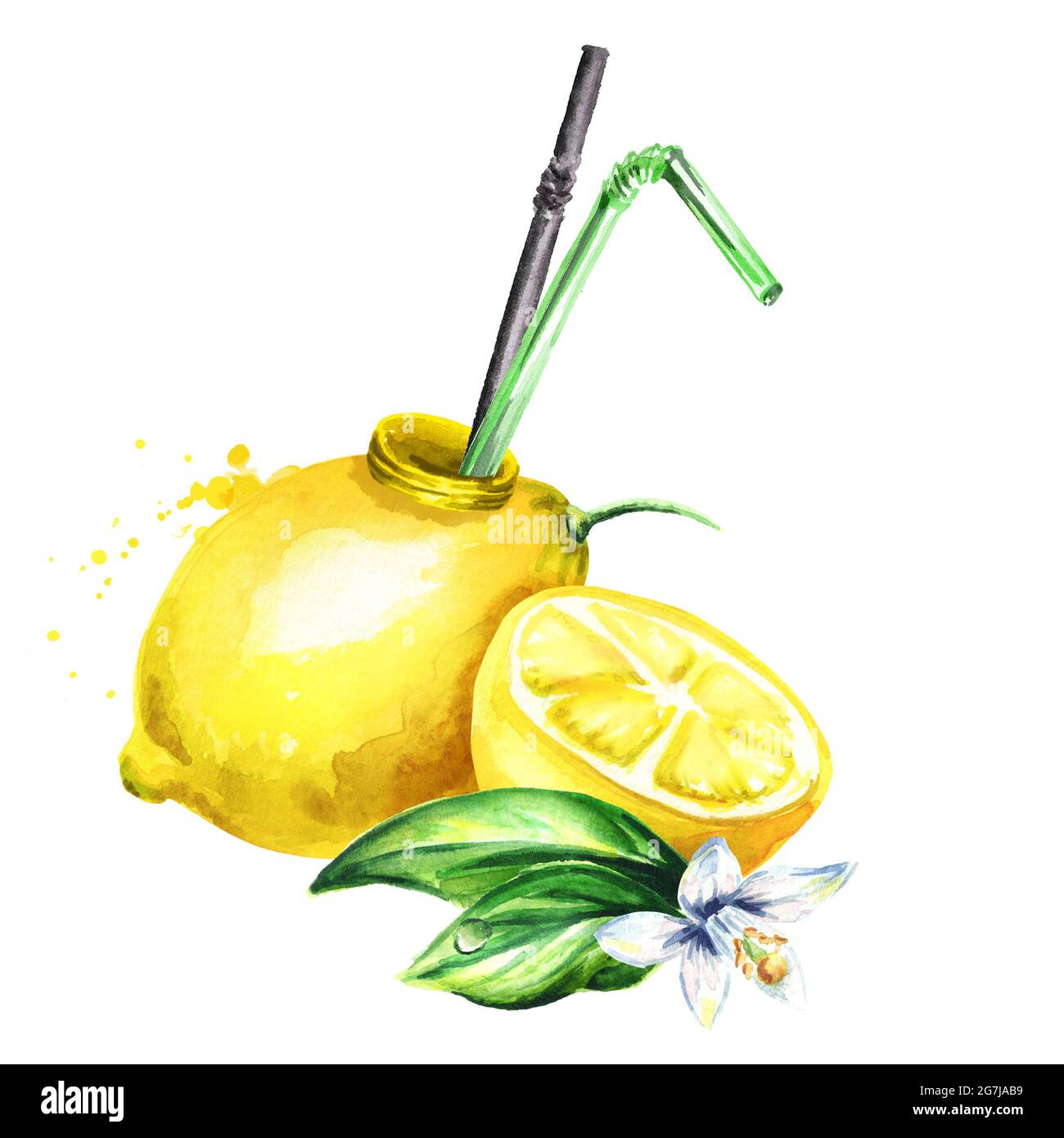 Natural lemon juice. Watercolor hand drawn illustration Stock Photo - Alamy