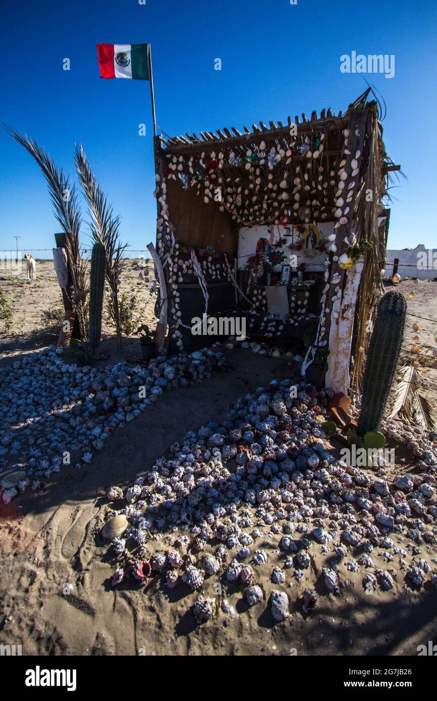 Chapel of saints and flag of Mexico made with seashells, mollusk shells ...