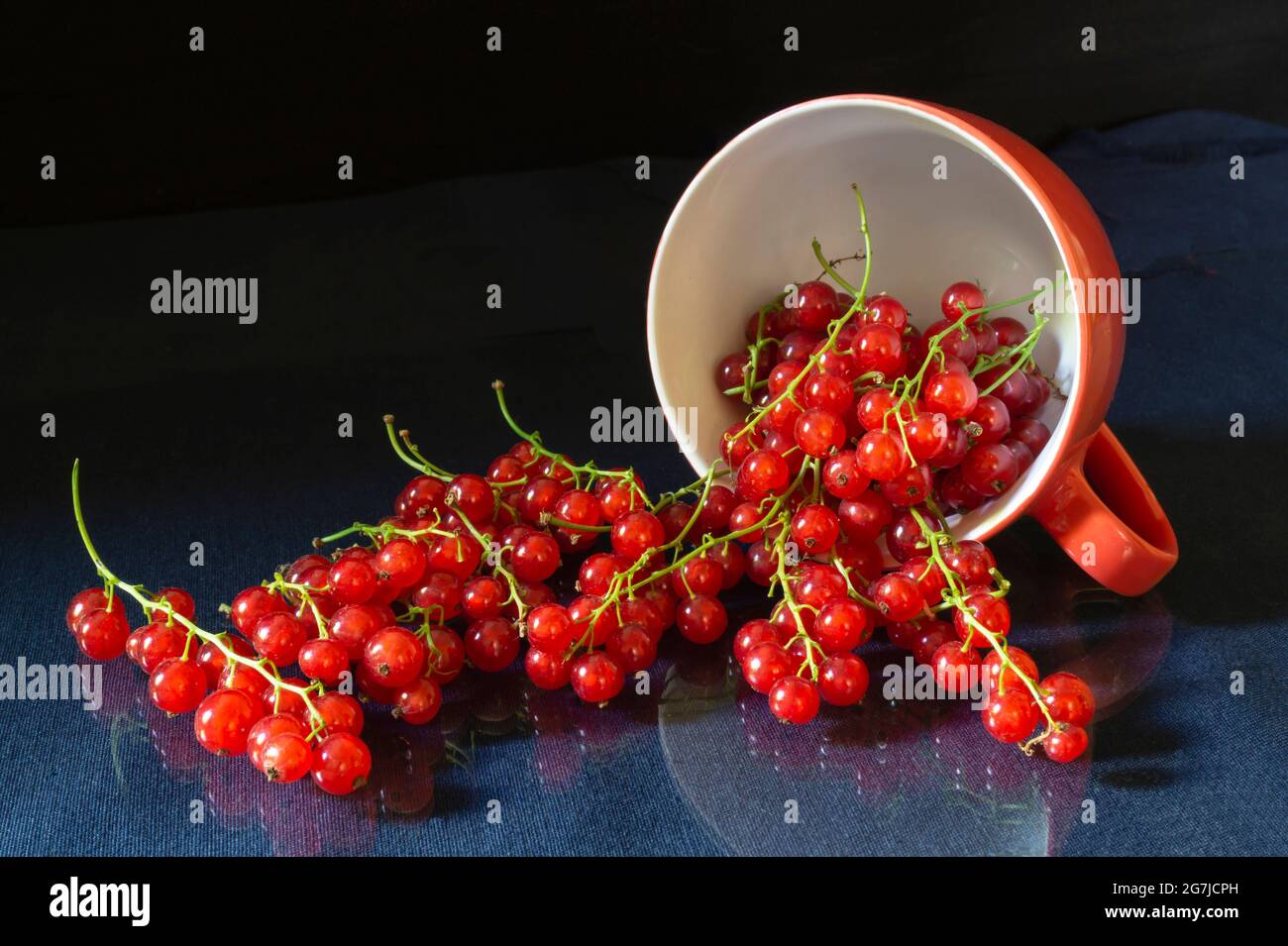 Red currant in a cup on the table with a reflection. Food products on a ...