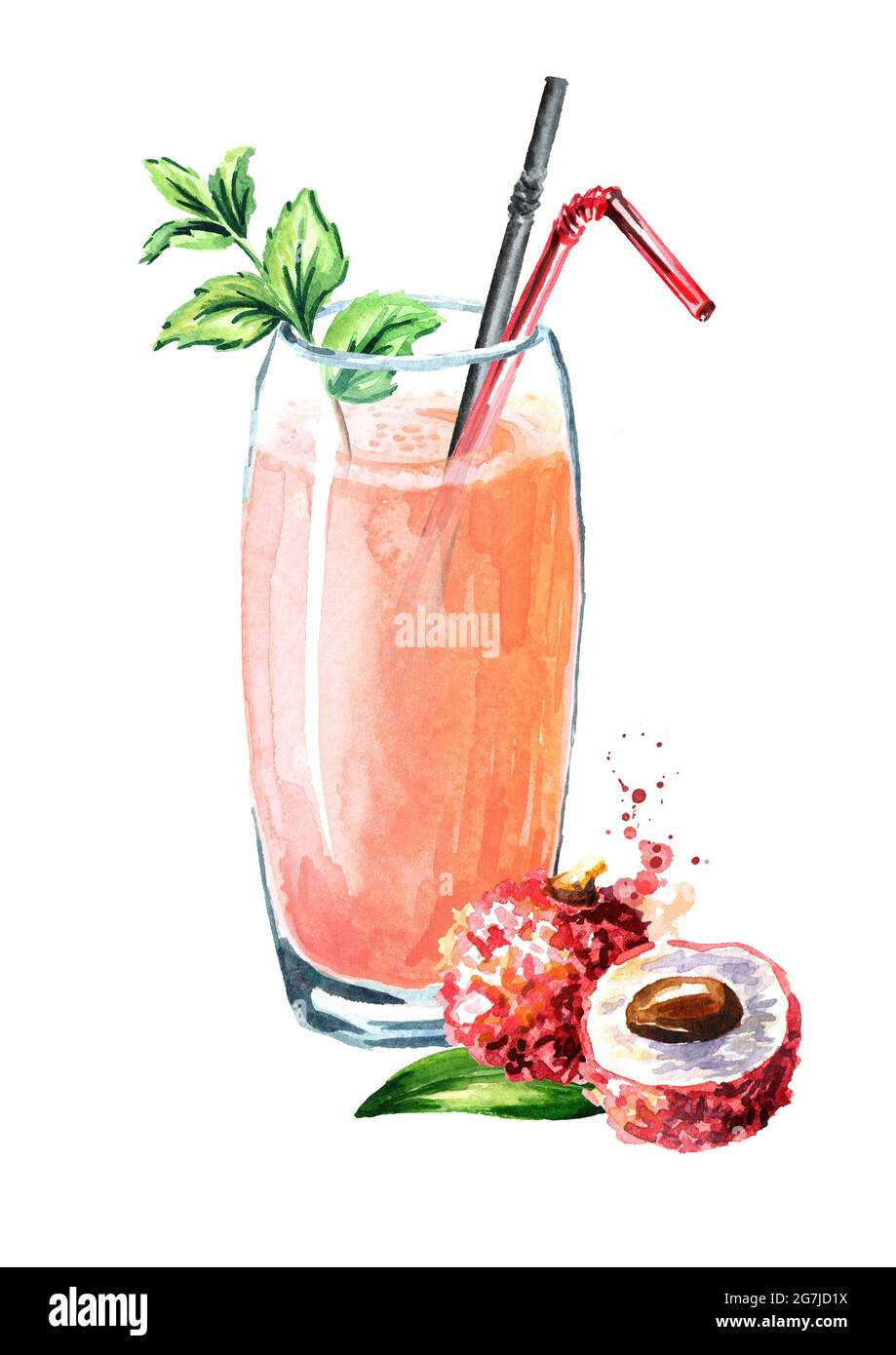 Lychee juice. Watercolor hand drawn illustration, isolated on white ...