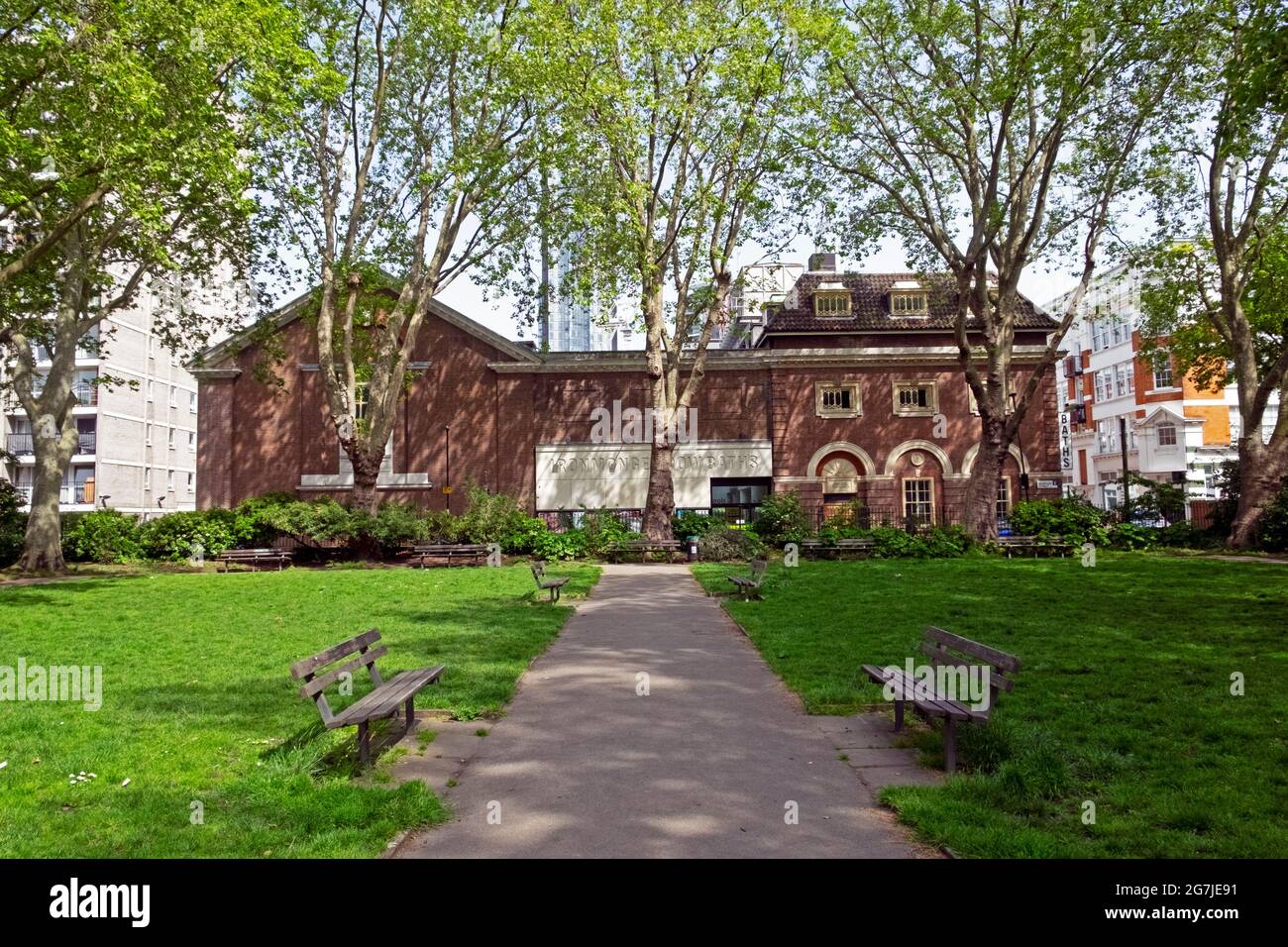 Exterior view of Ironmonger Row Baths building from St. Luke's Garden ...
