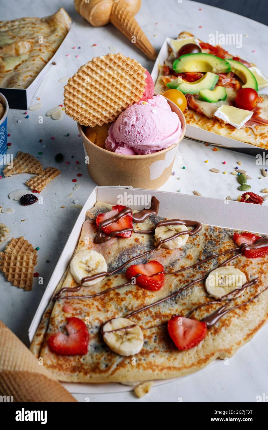 Variety of crepes and fast food ice creams Stock Photo - Alamy