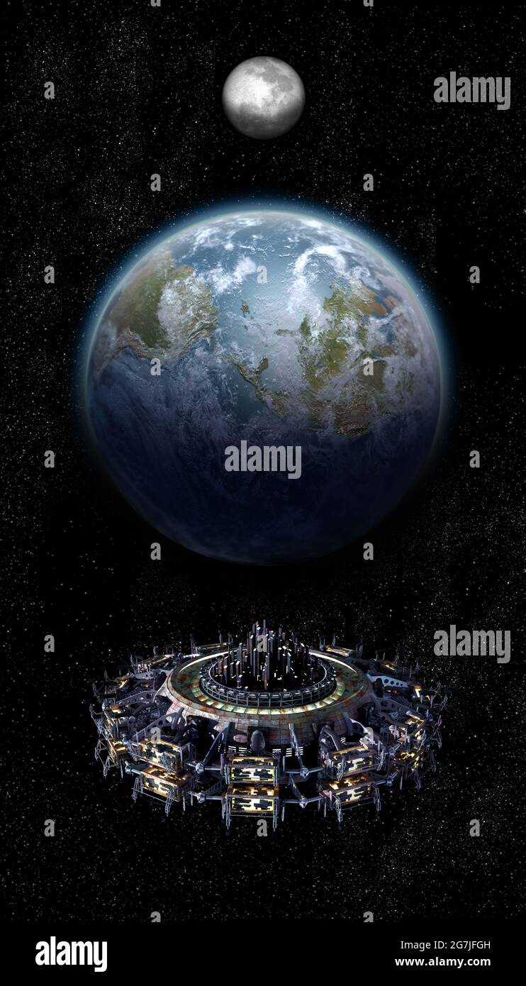 3D illustration with a spaceship near the Earth and the Moon in ...