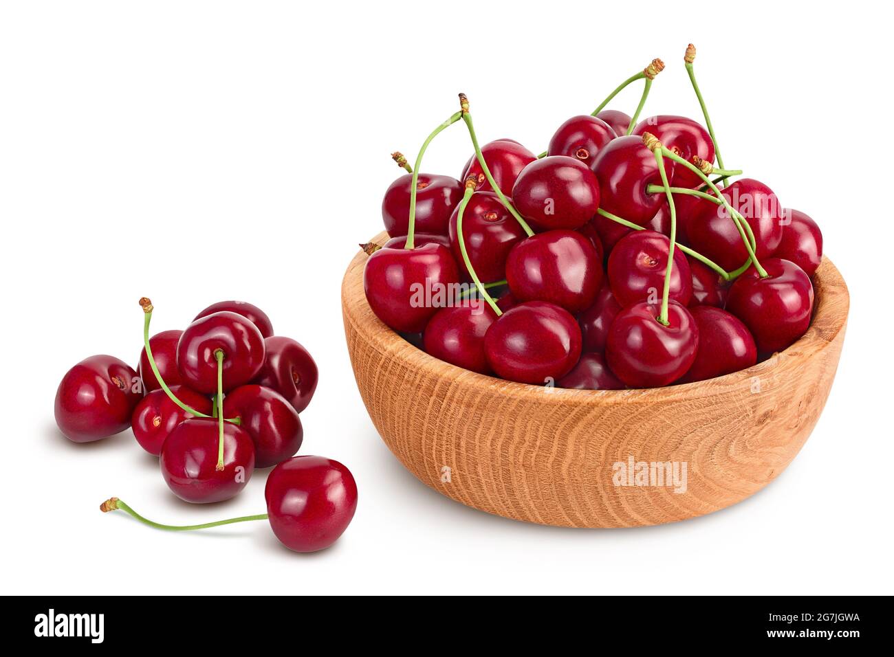 red sweet cherry in wooden bowl isolated on white background with ...