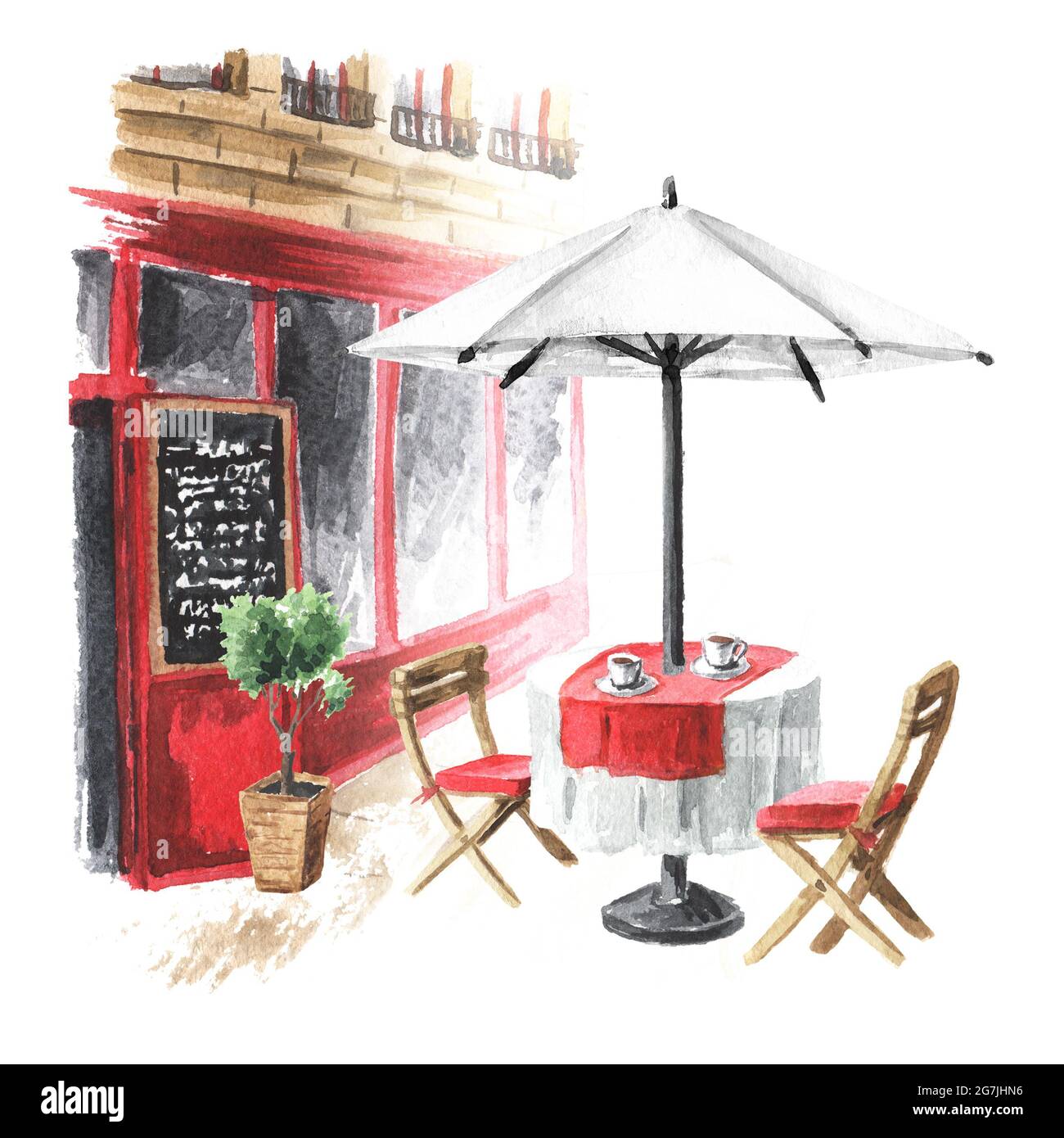 Summer street cafe in the city. Watercolor hand drawn illustration ...