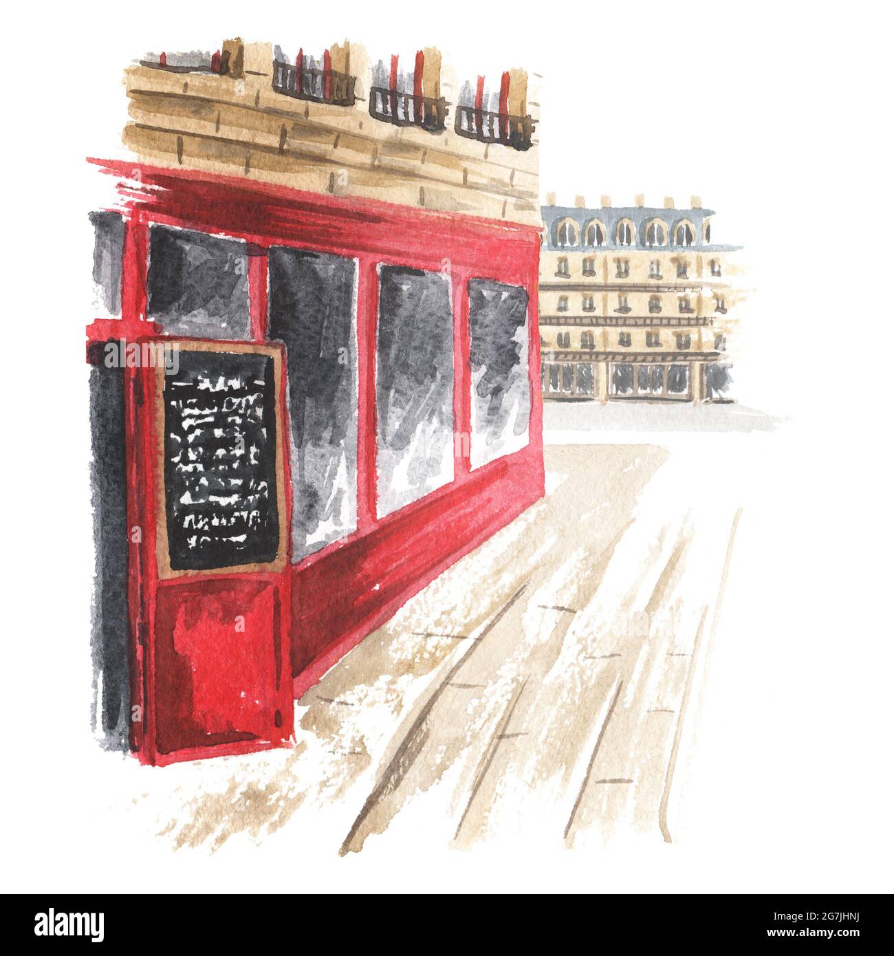 Urban stone building with a cafe or shop window. Watercolor hand drawn ...