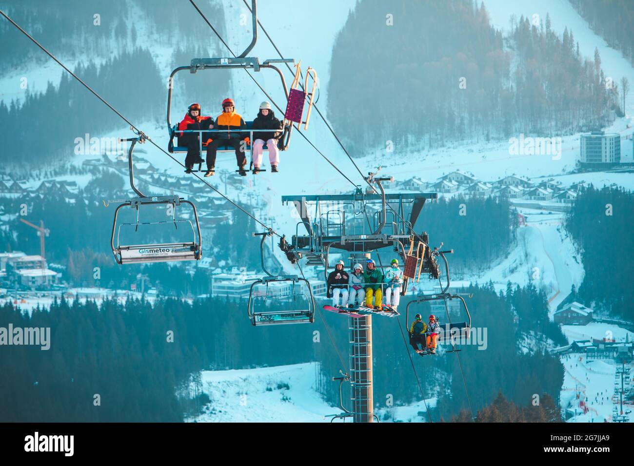 Bukovel, February 23, 2021: winter ski resort skiing and snowboarding ...