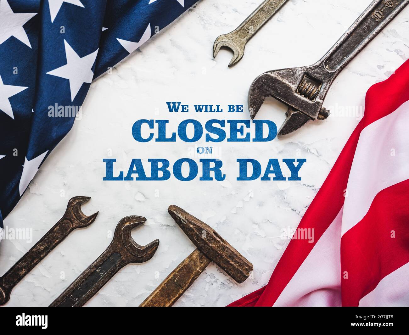 LABOR DAY. Hand tools and the Flag of the United States of America ...