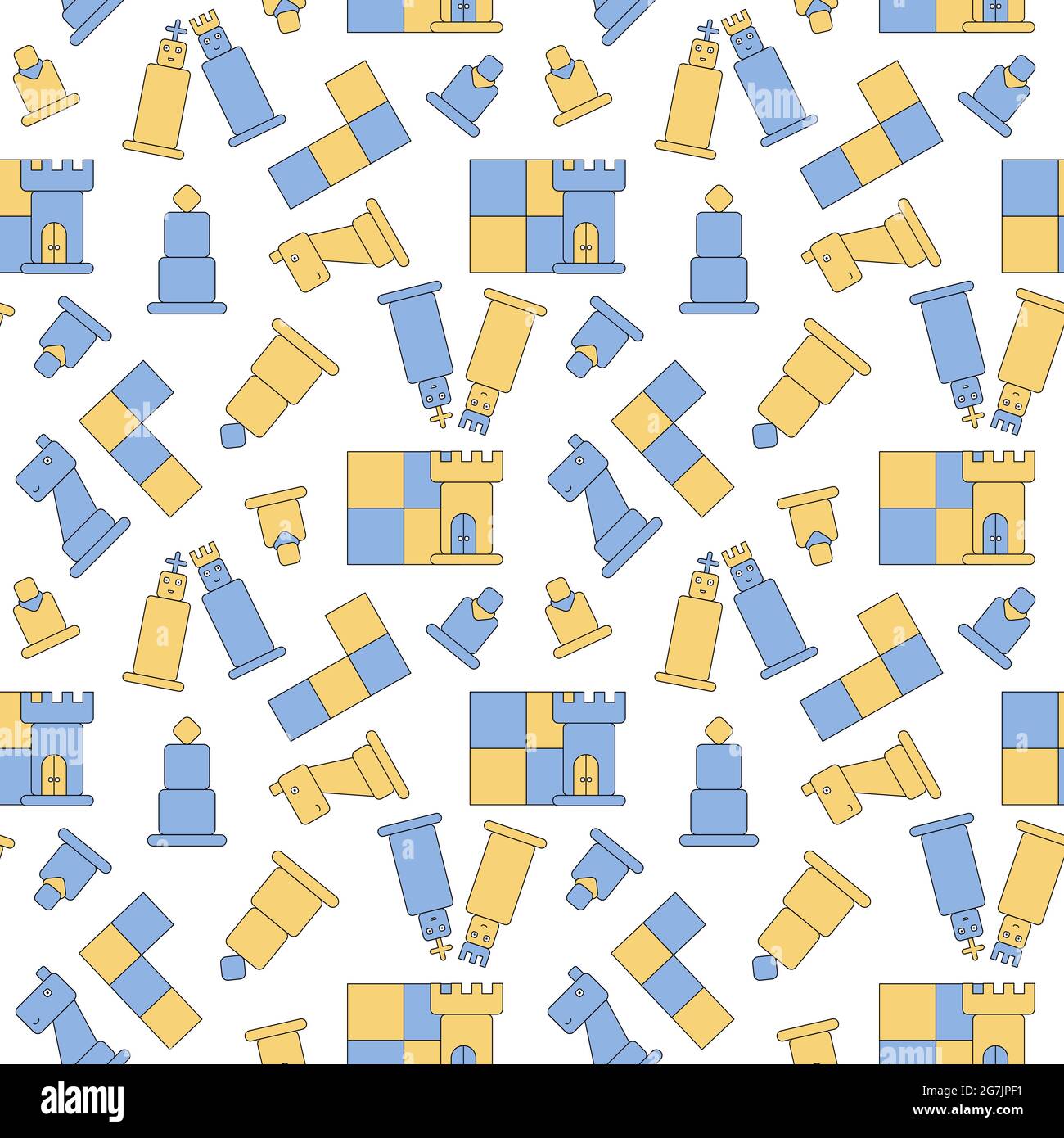 seamless pattern with blue and yellow stylized chess pieces and cells ...