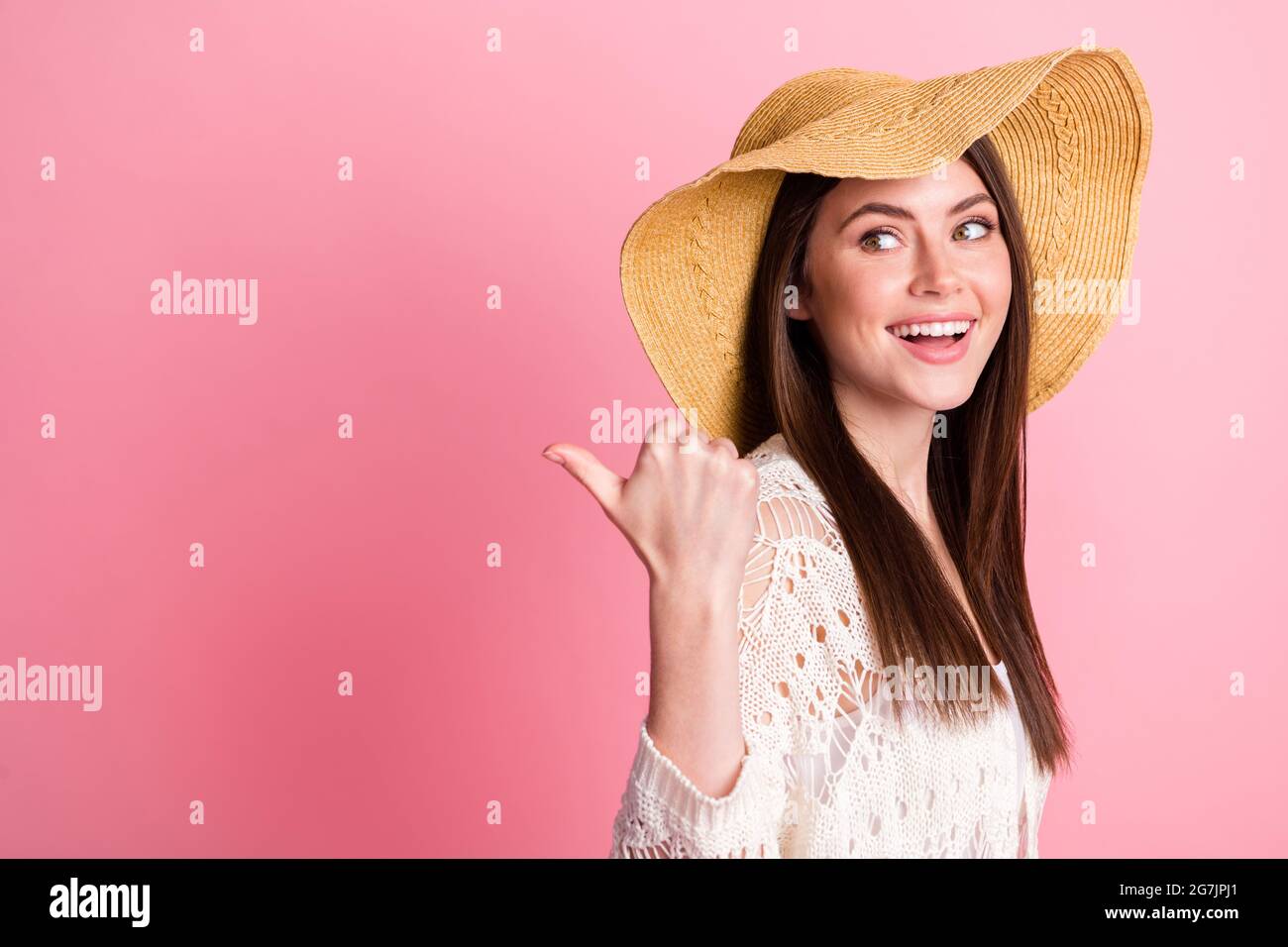 Profile photo of charming positive person look indicate thumb empty ...