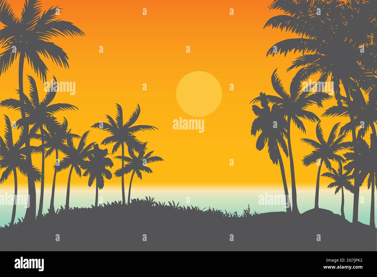 tropical beach natural scenery vector, ocean and palm trees sunset ...
