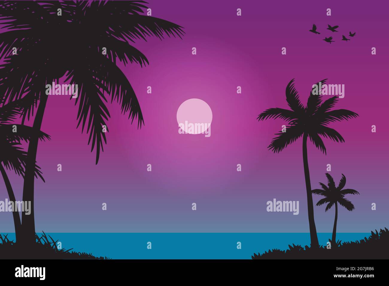 vector illustration of natural scenery of the beach and sunset at dusk ...