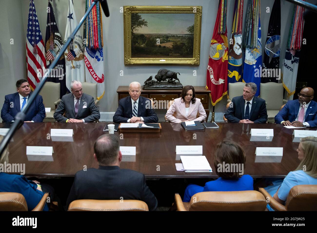 United States President Joe Biden speaks during a meeting with a group ...