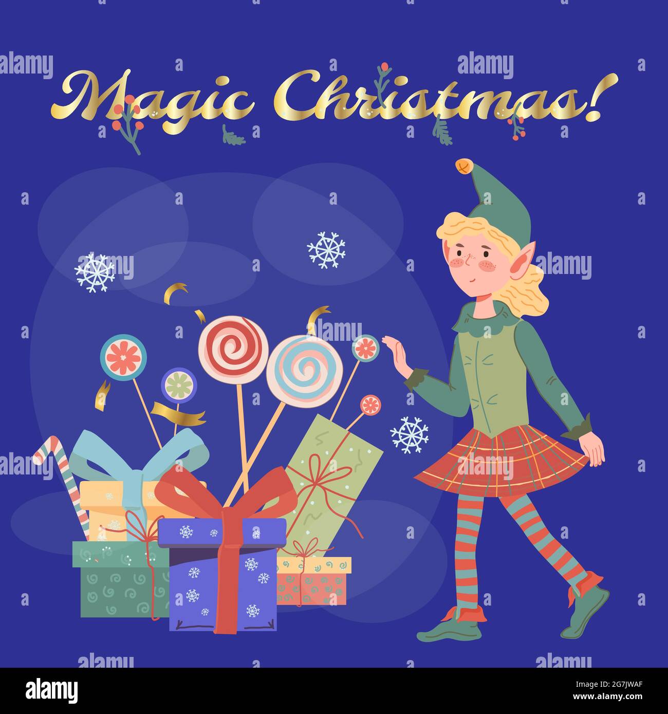 Cute Christmas elf girl in banner or card template, flat vector ...