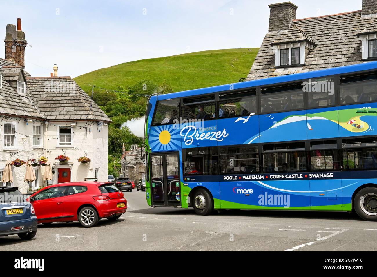 Corfe Castle, Dorset, England - June 2021: Double decker public service ...