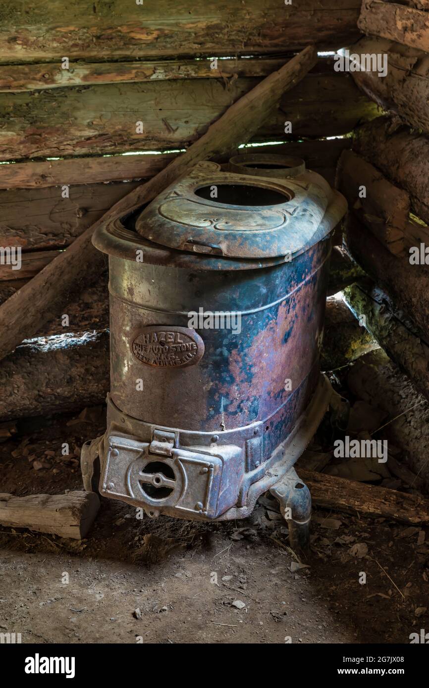 Woodburning stove in Garnet, a gold mining ghost town, Montana, USA ...