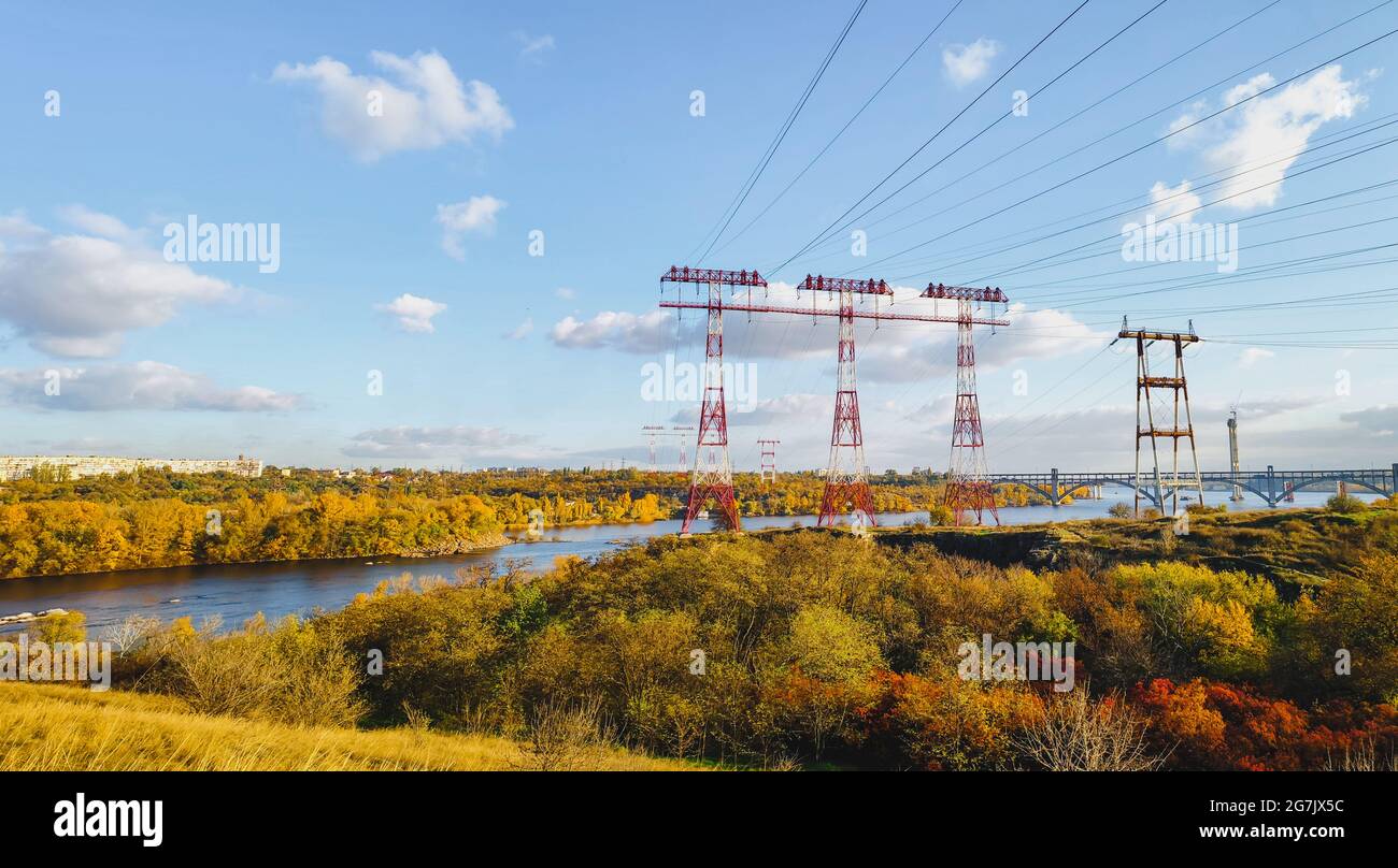 high voltage pillar, overhead power line, industrial background. power ...
