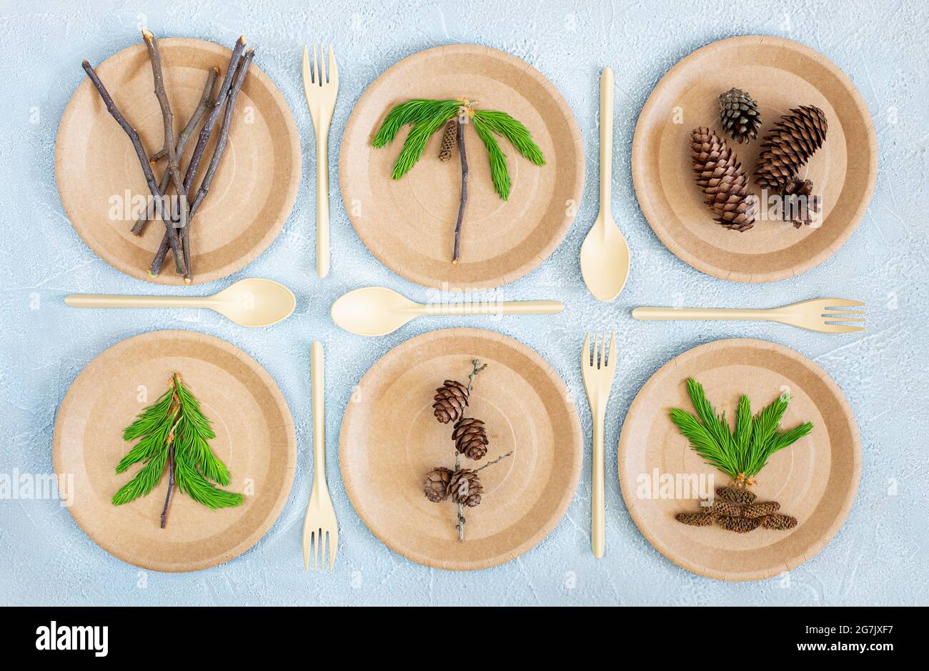 Served table with disposable tableware with natural materials. Eco ...