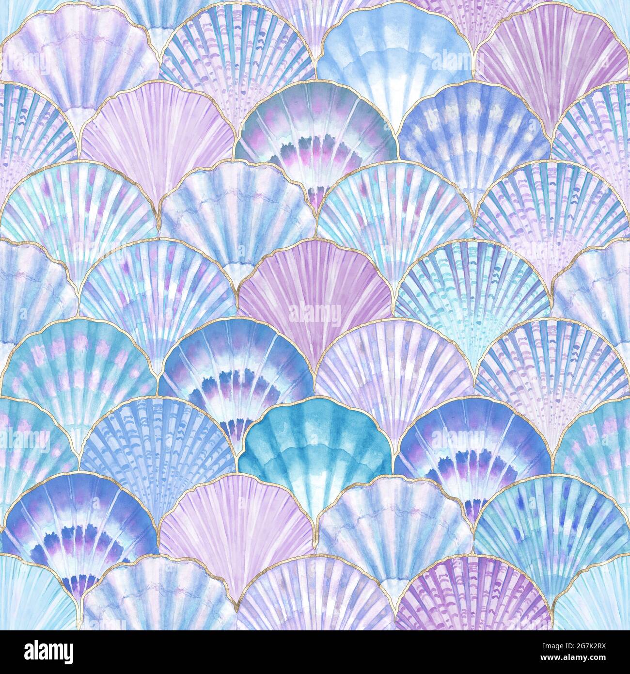 Watercolor sea shell japanese waves seamless pattern. Hand drawn ...