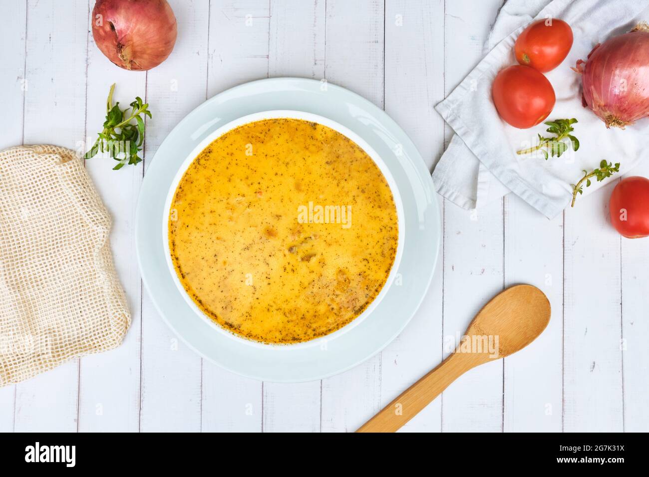 PERUVIAN FOOD, Traditional soup a La Minuta in white bowls, Top view ...