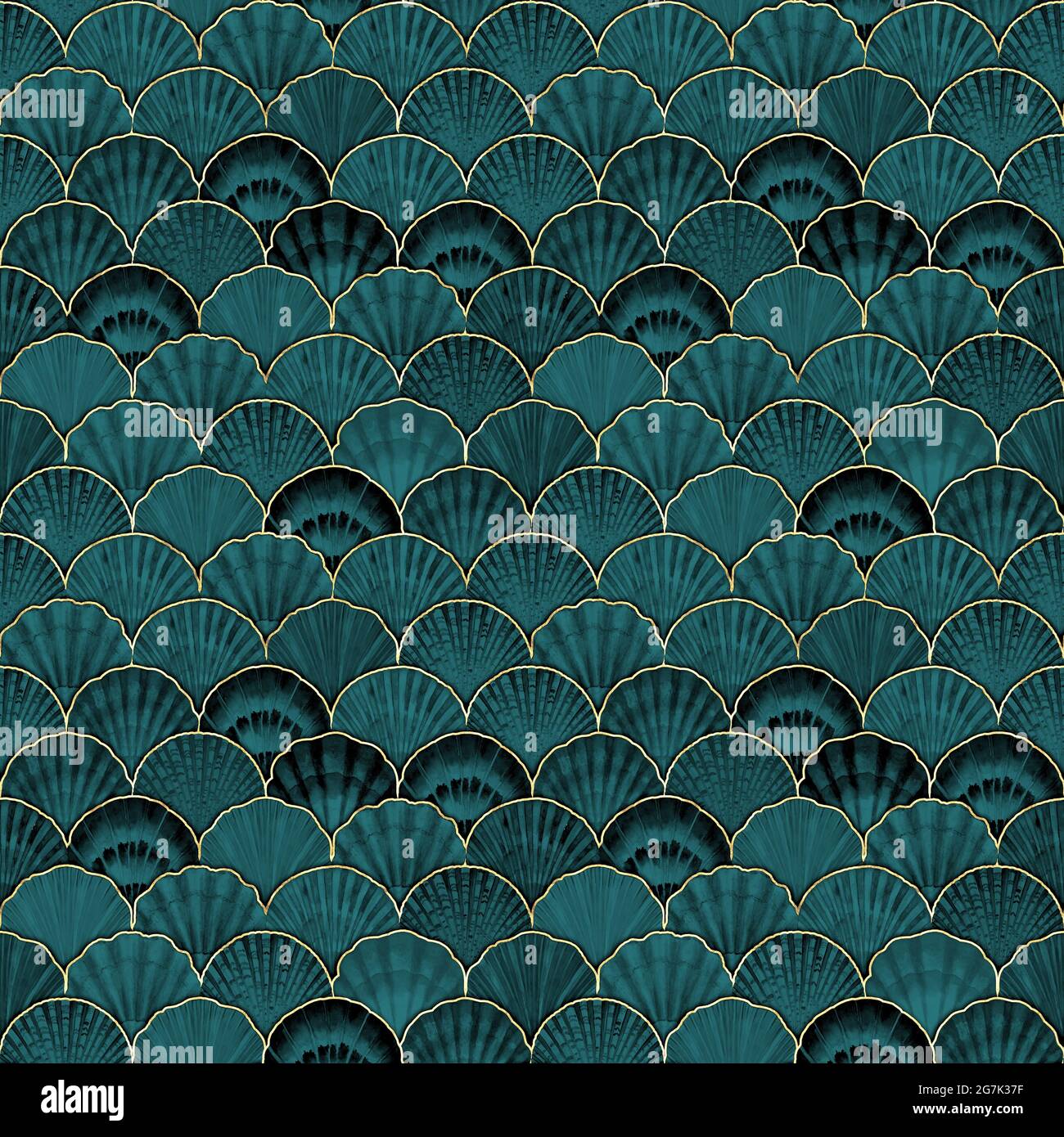 Watercolor sea shell japanese waves seamless pattern. Hand drawn ...