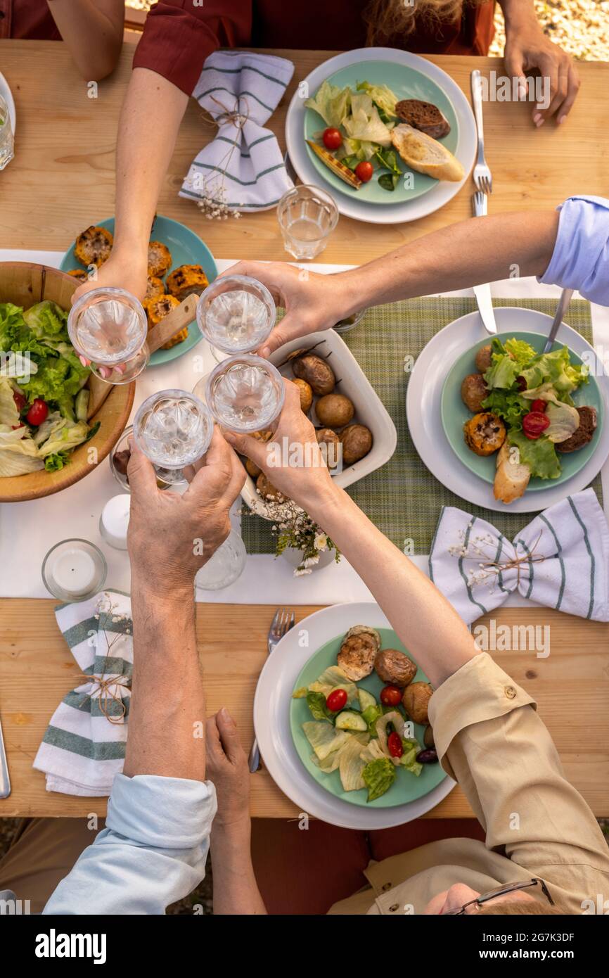 Group toasting over dinner hi-res stock photography and images - Alamy