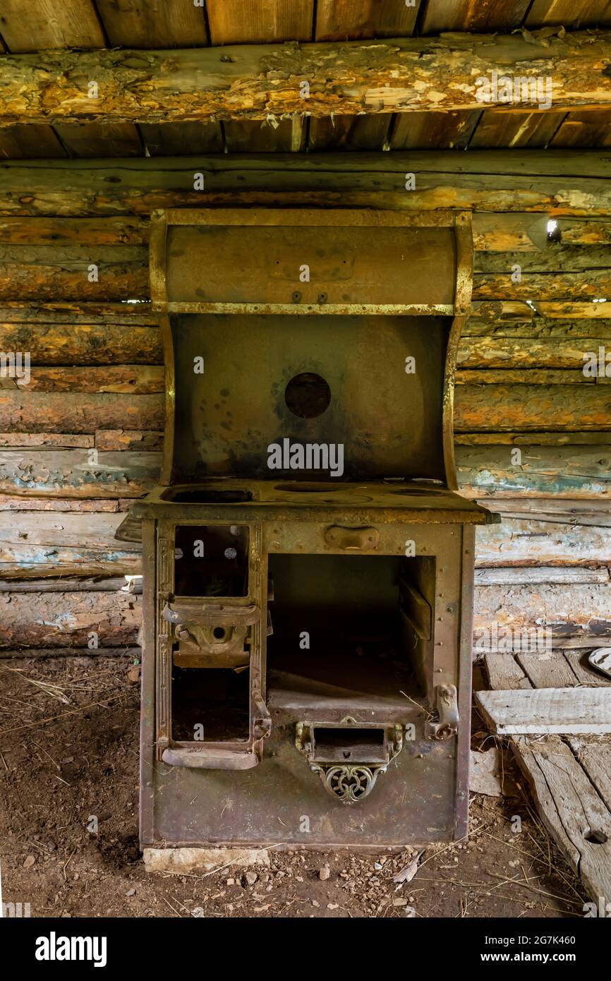 Woodburning stove in Garnet, a gold mining ghost town, Montana, USA ...
