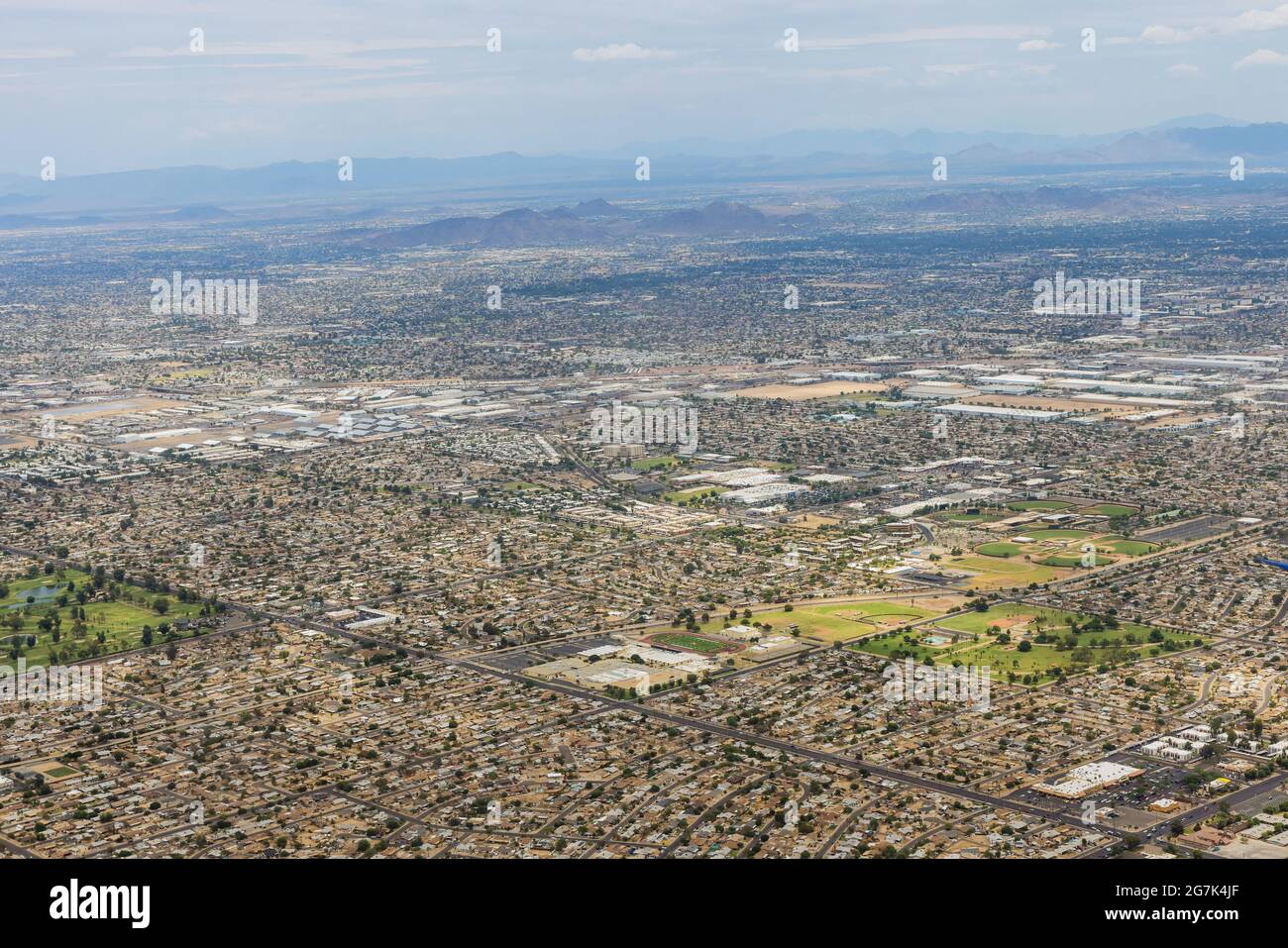 Aerial view of downtown skyline Phoenix, Arizona looking to the ...
