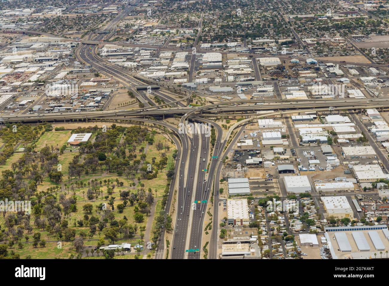Aerial view of a major freeway interchange in the heart of Phoenix ...