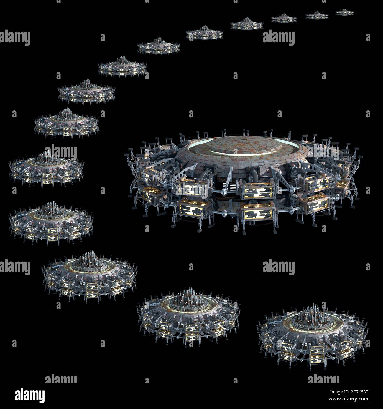 Collage of 3D UFO spaceship instances, isolated on black with the ...
