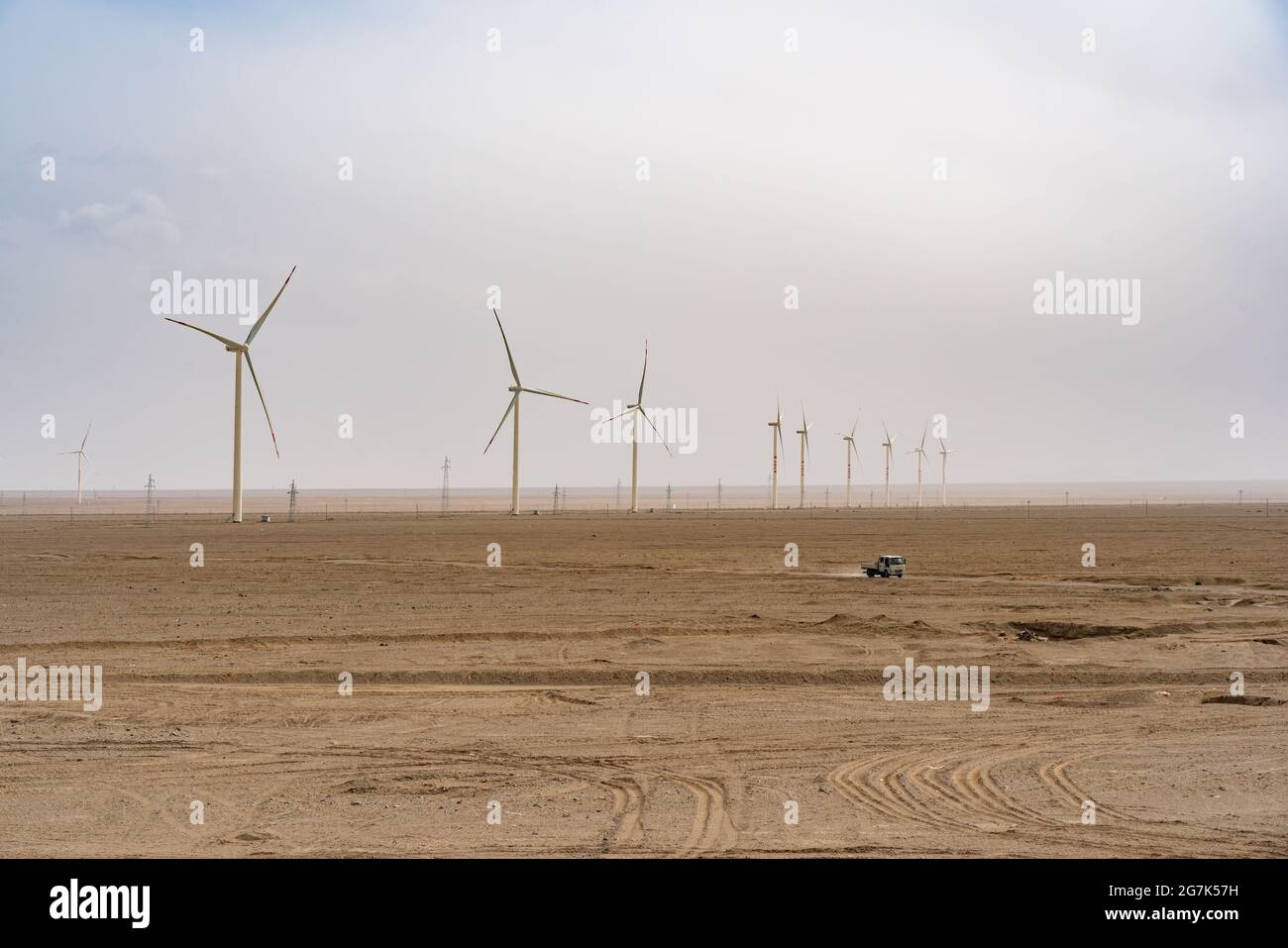 Row of wind turbines in the Gobi desert in Qinghai, China Stock Photo ...